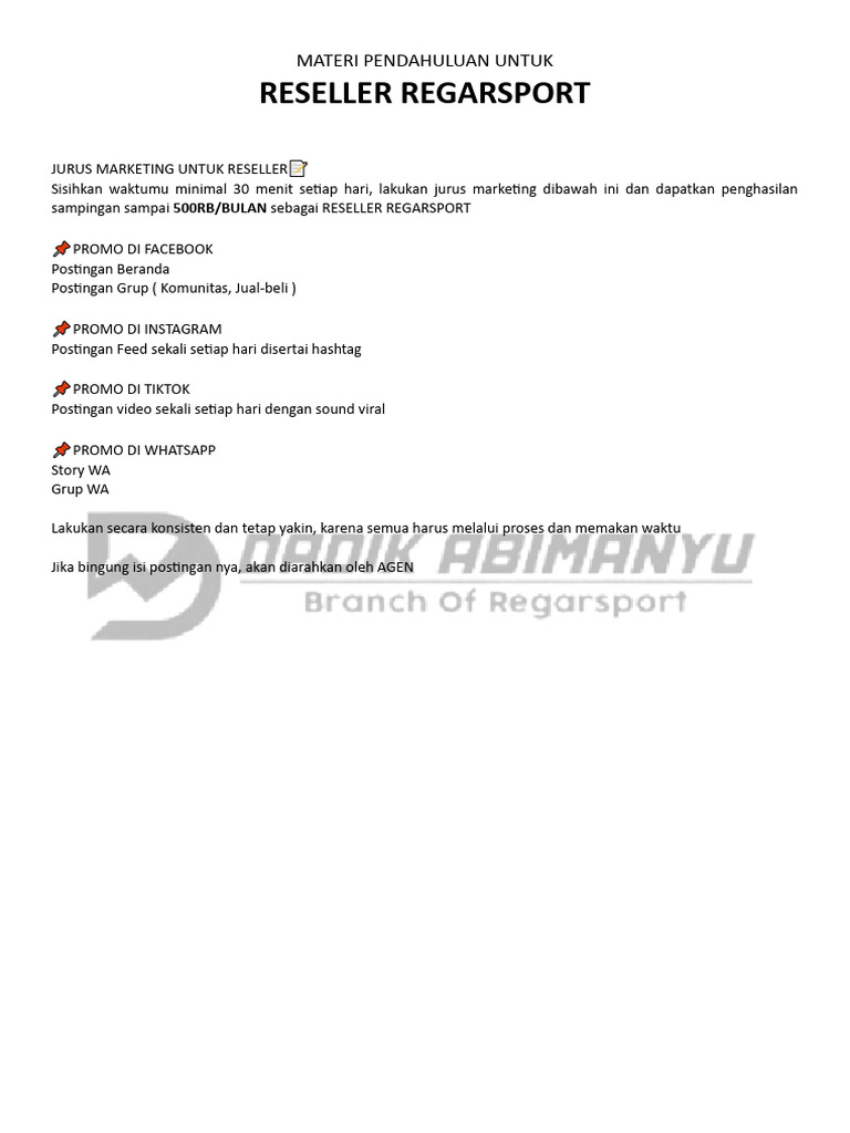 Materi Pendahuluan Untuk Reseller Branch Dadik | PDF