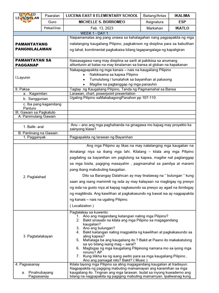 Esp DLP Quarter 3 Week 1 | PDF