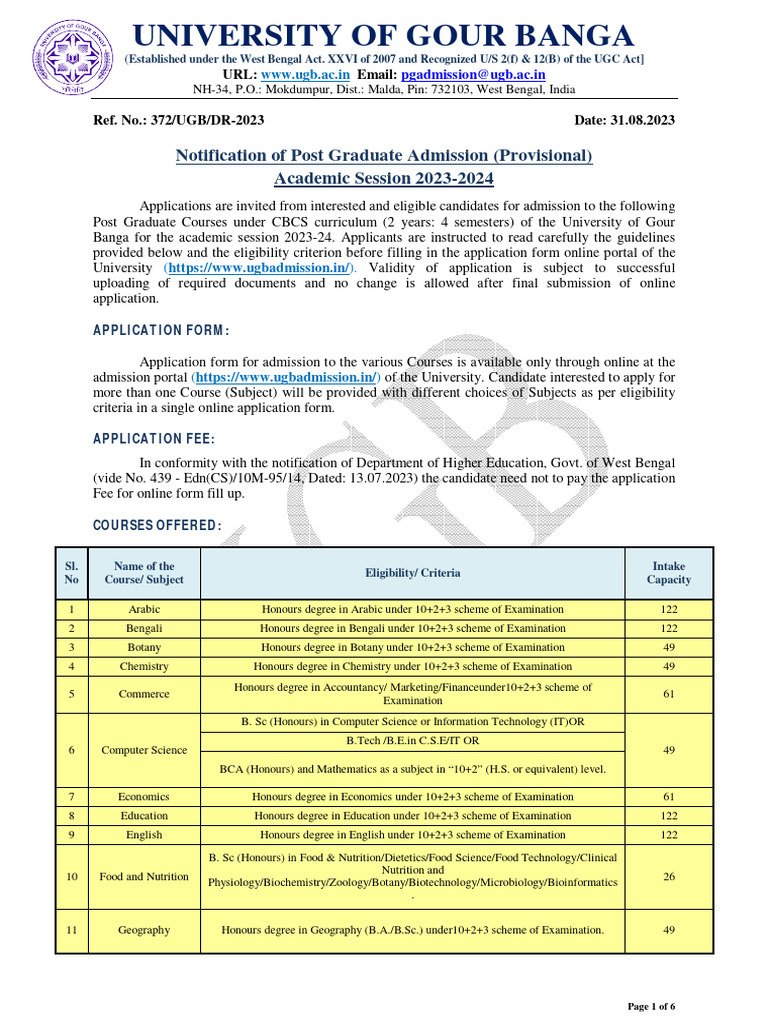 UGB 2023-24 PG Admission Notification | PDF