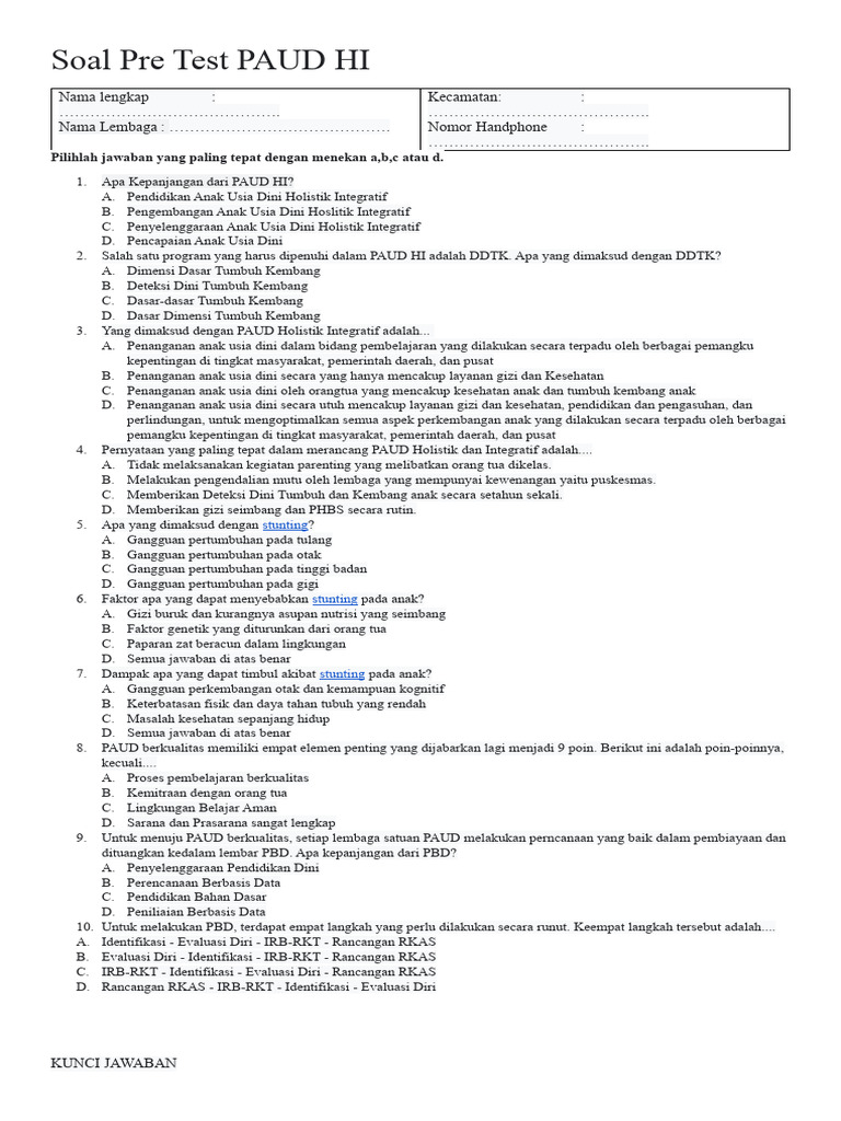 Soal Pre Test PAUD HI | PDF