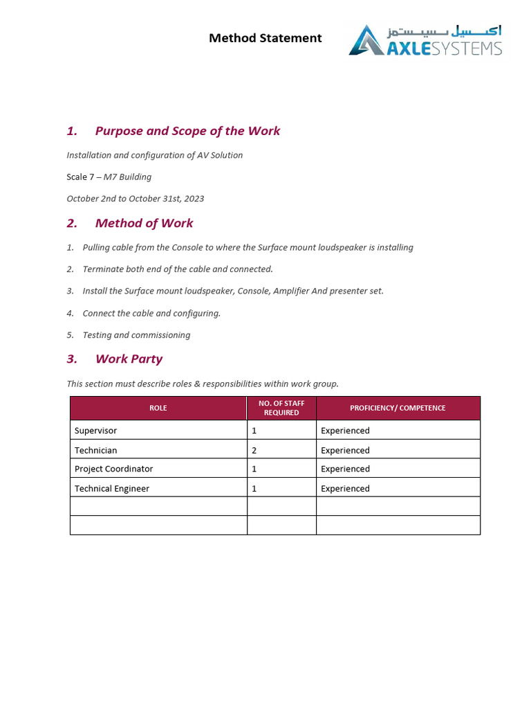 Method Statement For Scale 7 | PDF