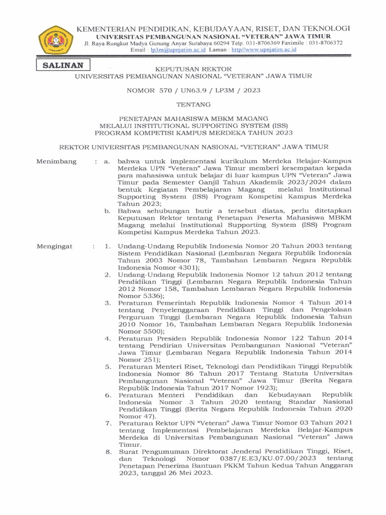Salinan Kep. Rektor No. 570-UN63-LP3M-2023 Tentang Penetapan Mahasiswa MBKM Magang Melalui ...