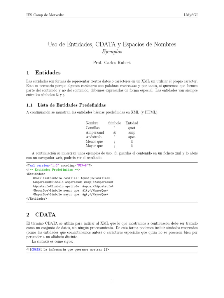 Ejemplos XML Entidades CDATA NS | PDF