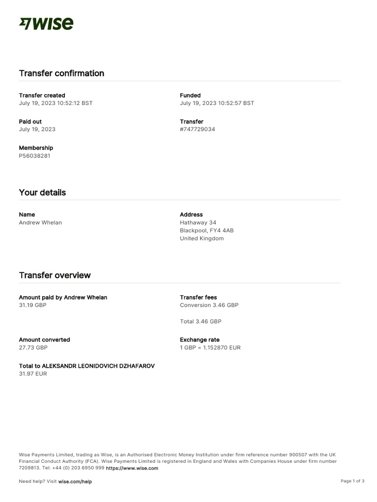 Wise Transaction Invoice Transfer 747729034 1405618385 en | PDF ...