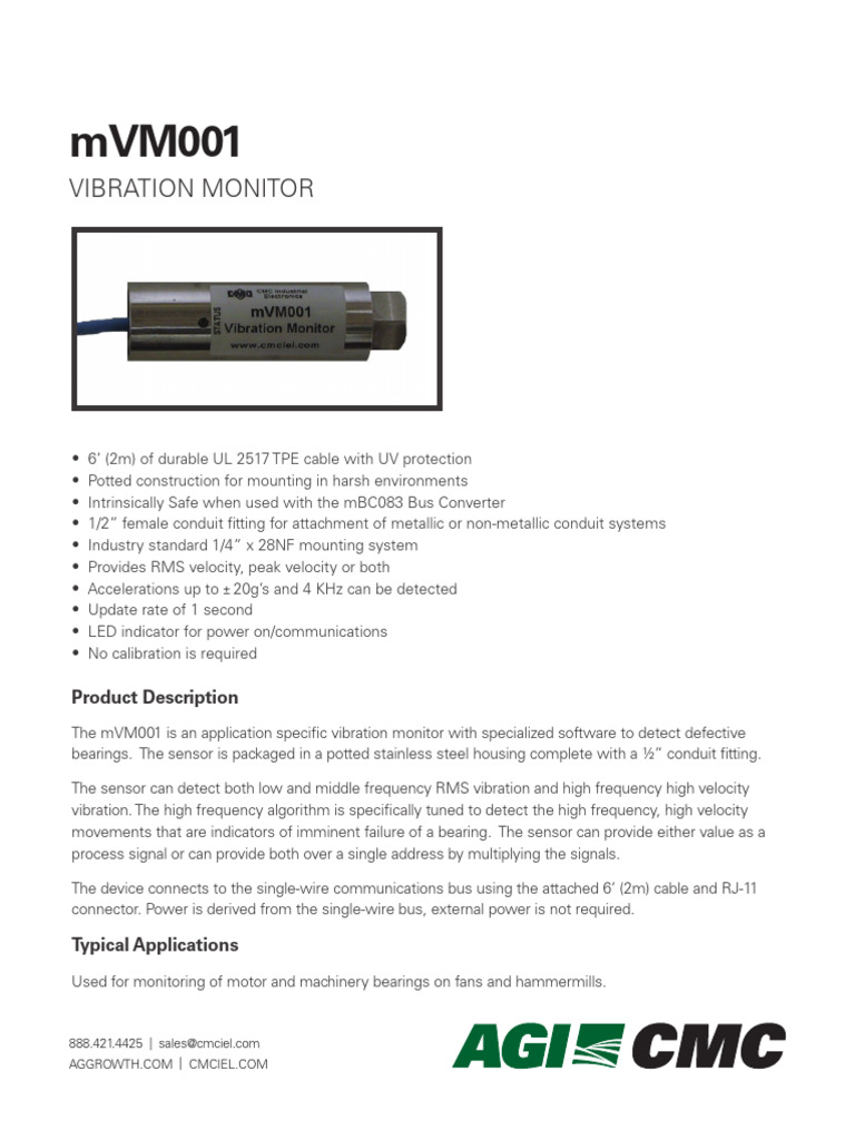 cmc_mvm001_vibration_sensor_ds_rev_a00 | PDF | Sensor | Bearing (Mechanical)