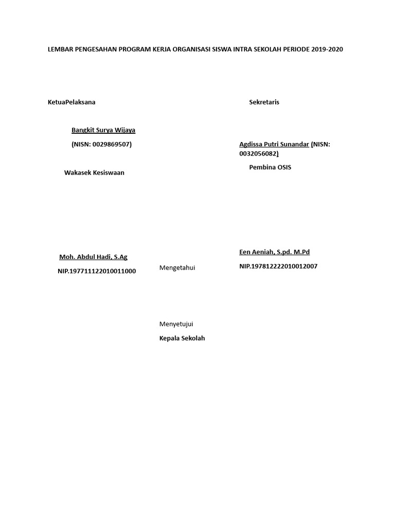 Lembar Pengesahan Program Kerja Organisasi Siswa Intra Sekolah Periode ...