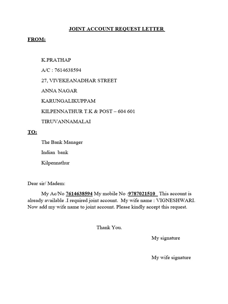 Joint Account Request Letter | PDF