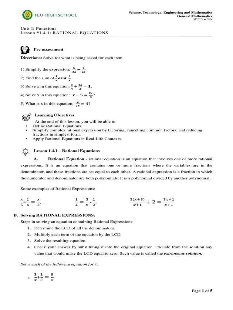 SG - Lesson1.4.1 - RATIONAL EQUATIONS | PDF