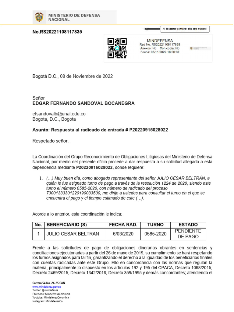 Respuesta Mindefensa Julio Cesar | PDF | Justicia | Crimen y violencia