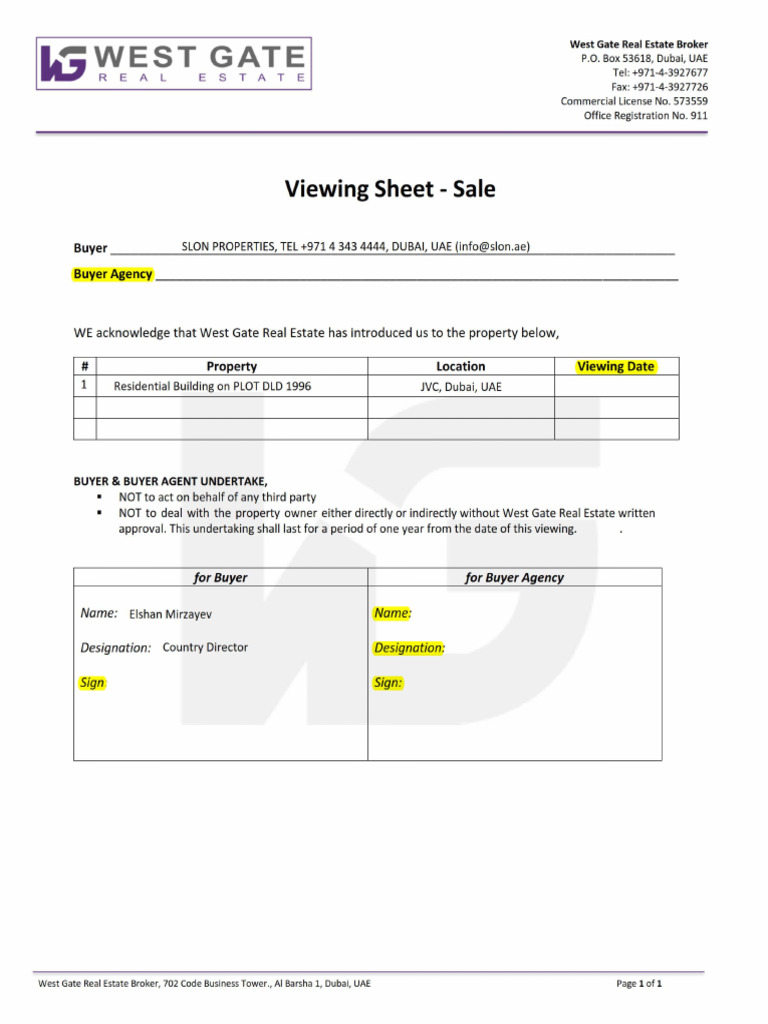 Viewing Sheet - Sale | PDF