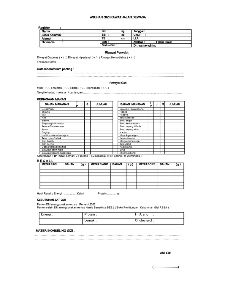 Form Asuhan Gizi Rawat Jalan Dewasa | PDF