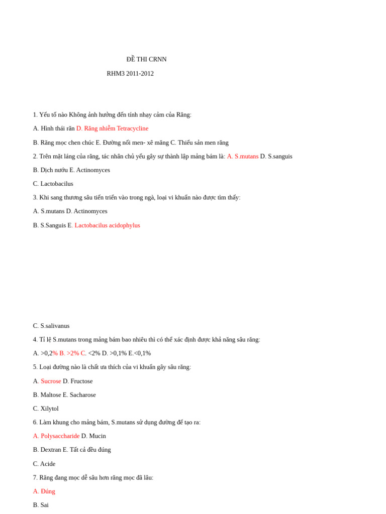 (123doc) - Trac-Nghiem-Chua-Rang-Noi-Nha-Co-Dap-An | PDF