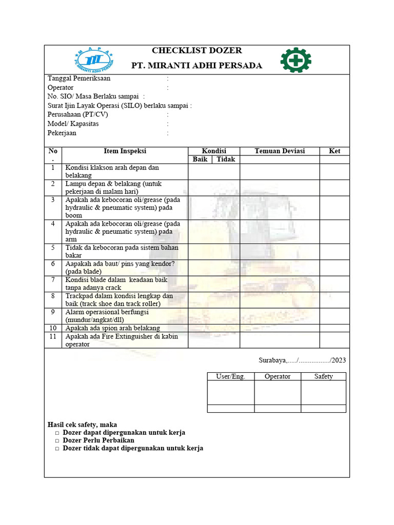 CHECKLIST DOZER | PDF