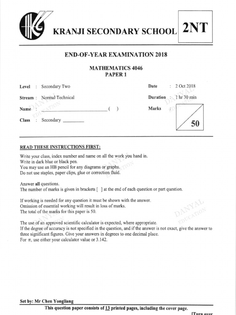 Kranji Secondary EOY 2018 Math Sec 2 NT | PDF | Significant Figures | Area