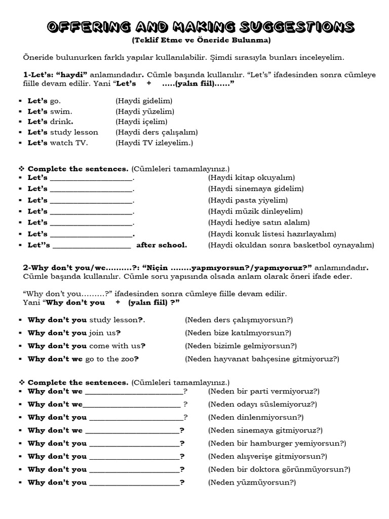 Offering and Making Suggestions Konu Anlatimi Alistirma Accepting and Refusing 70714 | PDF