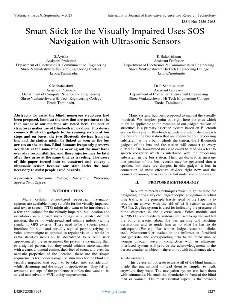 Smart Stick For The Visually Impaired Uses SOS Navigation With Ultrasonic Sensors | PDF