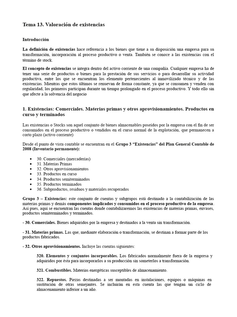 Tema 13. Valoración de Existencias | PDF