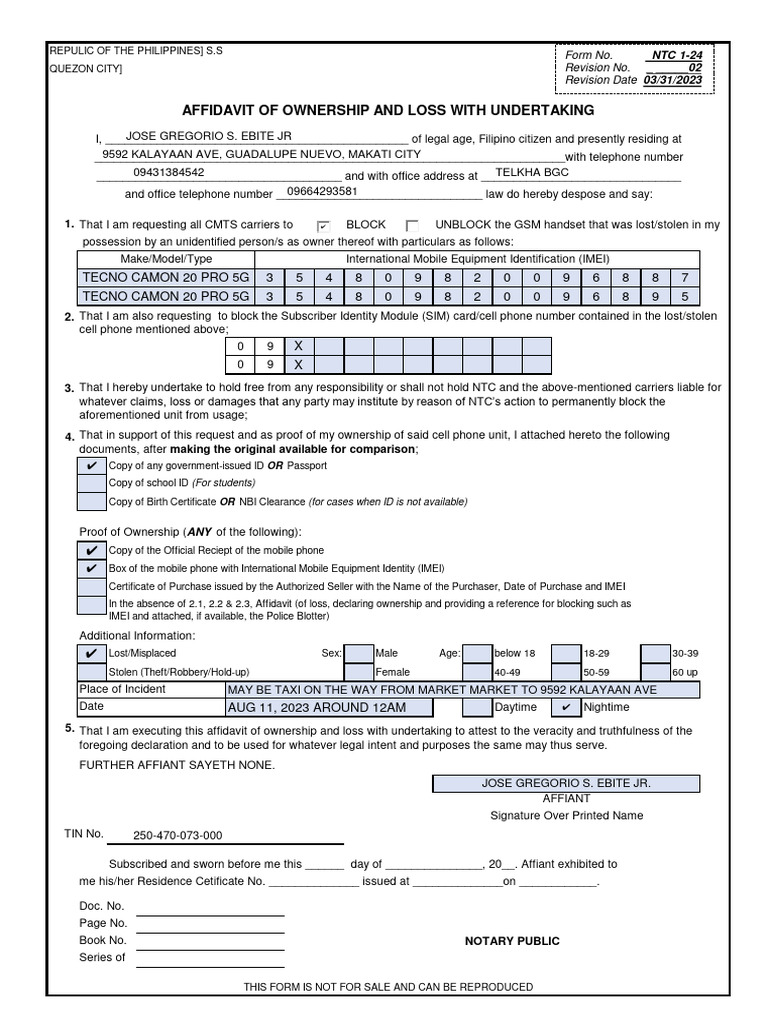 Form No. NTC 1-24 Affidavit of Ownership and Loss With Undertaking ...