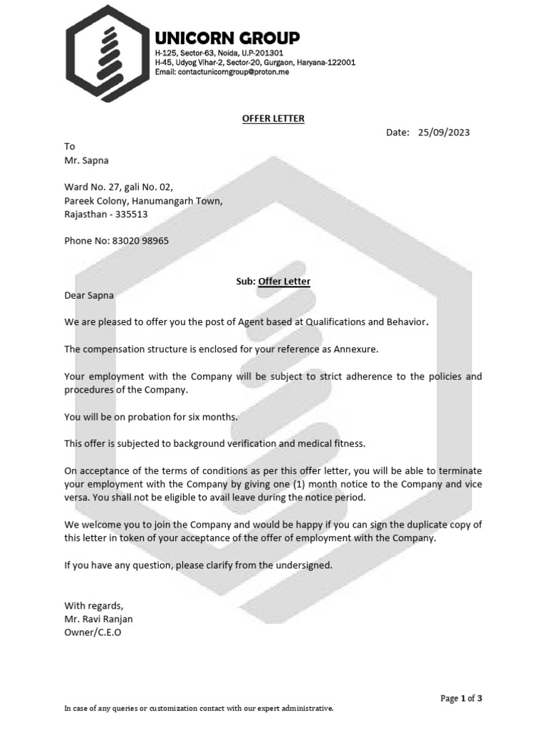 Sapna Offer Letter | PDF