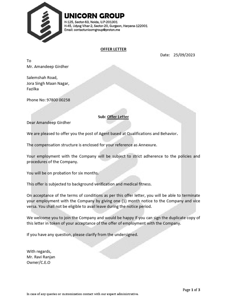 Unicorn Group Job Offer Letter | PDF | Business