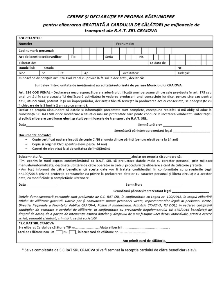 Cerere Eliberare Card Declaratie Consimtamant Elevi | PDF