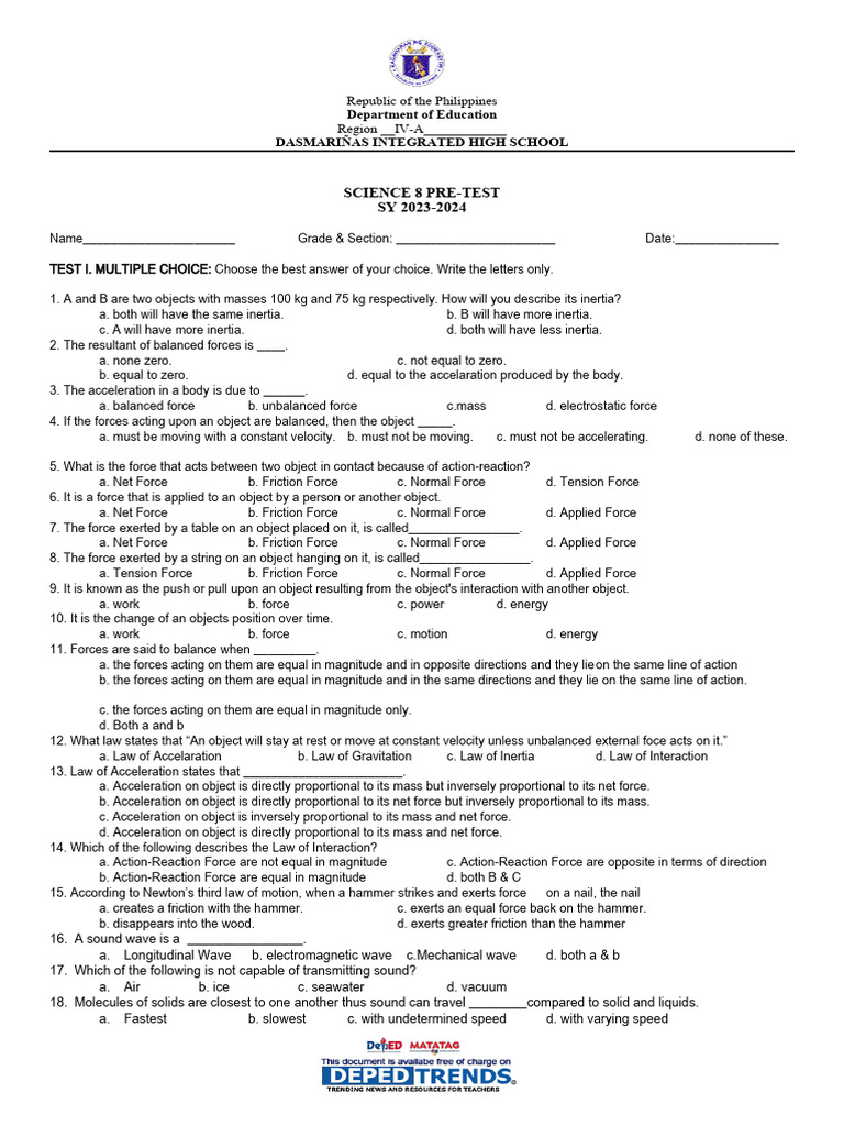 Science 8 Pre-Test SY 2023-2024 | PDF | Force | Sound