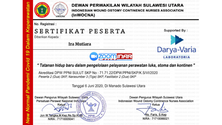 Sertifikat Zoom Webinar InWOCNA SULUT Ira Mutiara | PDF