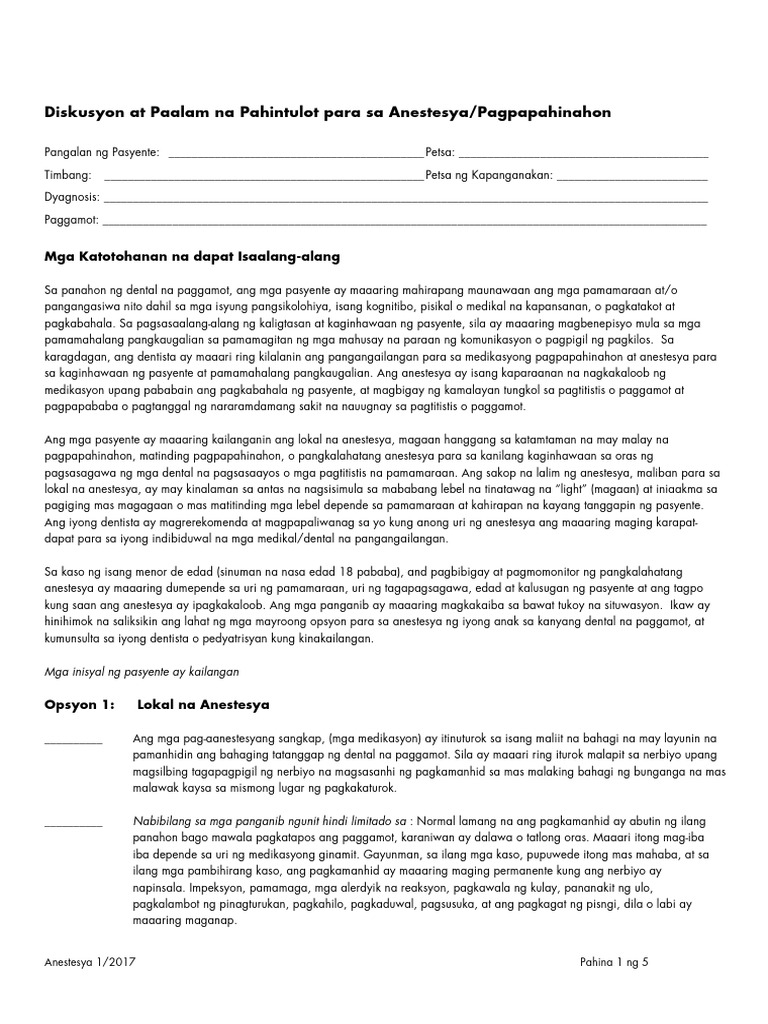 Discussion and Informed Consent Anesthesia Tagalog | PDF