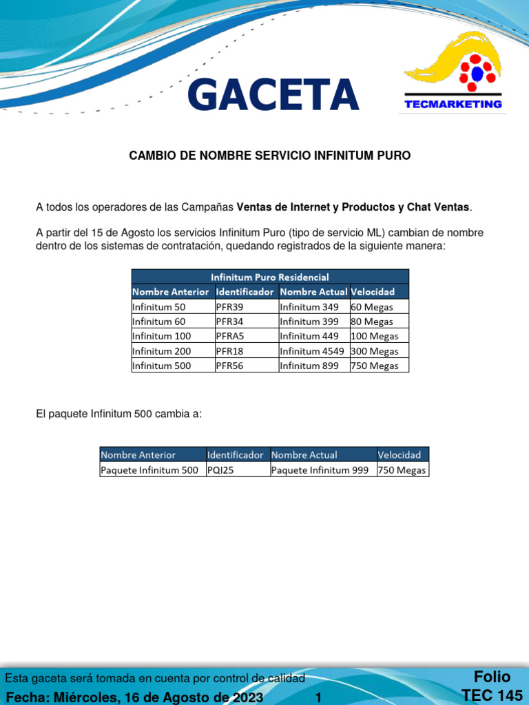 Gaceta TEC 145 CAMBIO DE NOMBRE SERVICIO INFINITUM PURO | PDF