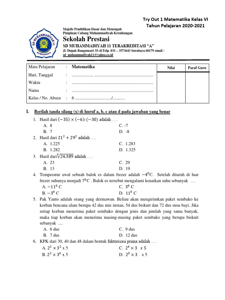 Soal Tryout 1 MTK | PDF