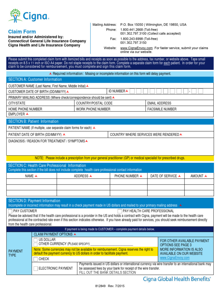 Cigna Global Health Insurance Claim Form | PDF | Wire Transfer | Cheque
