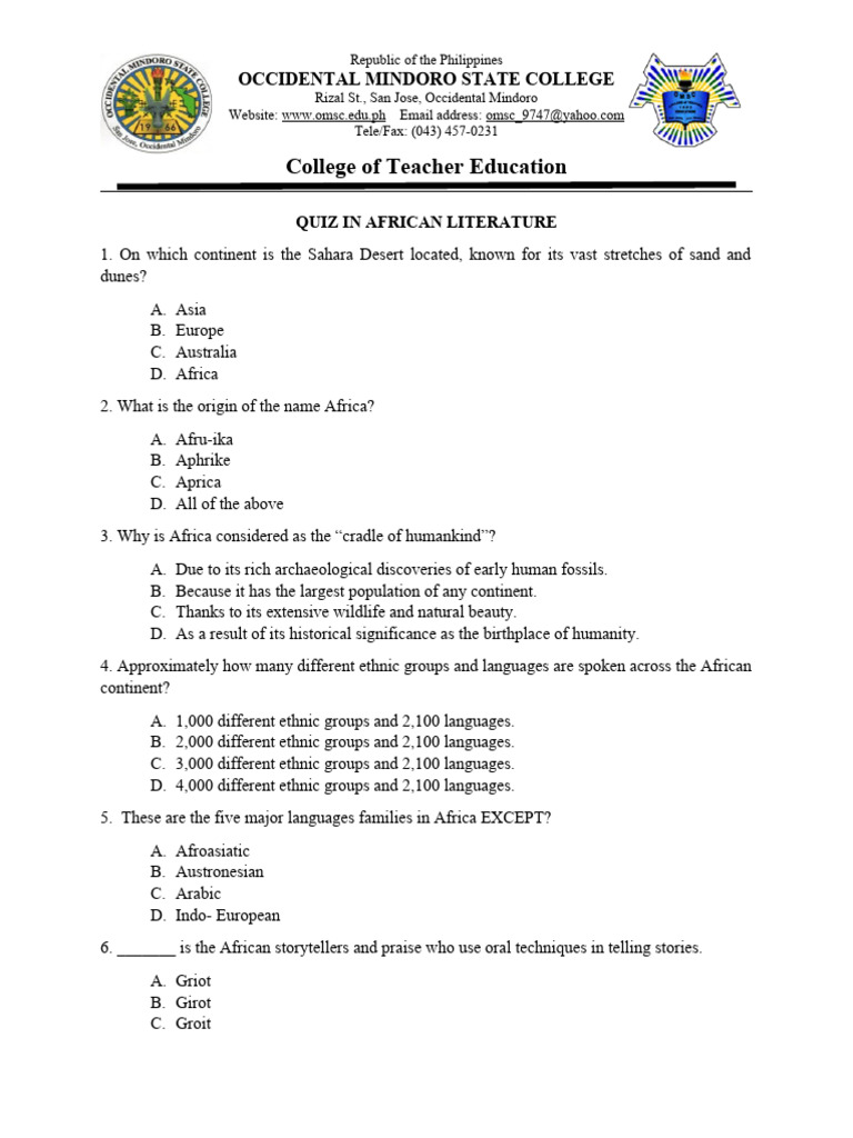 Quiz on African Literature Concepts | PDF