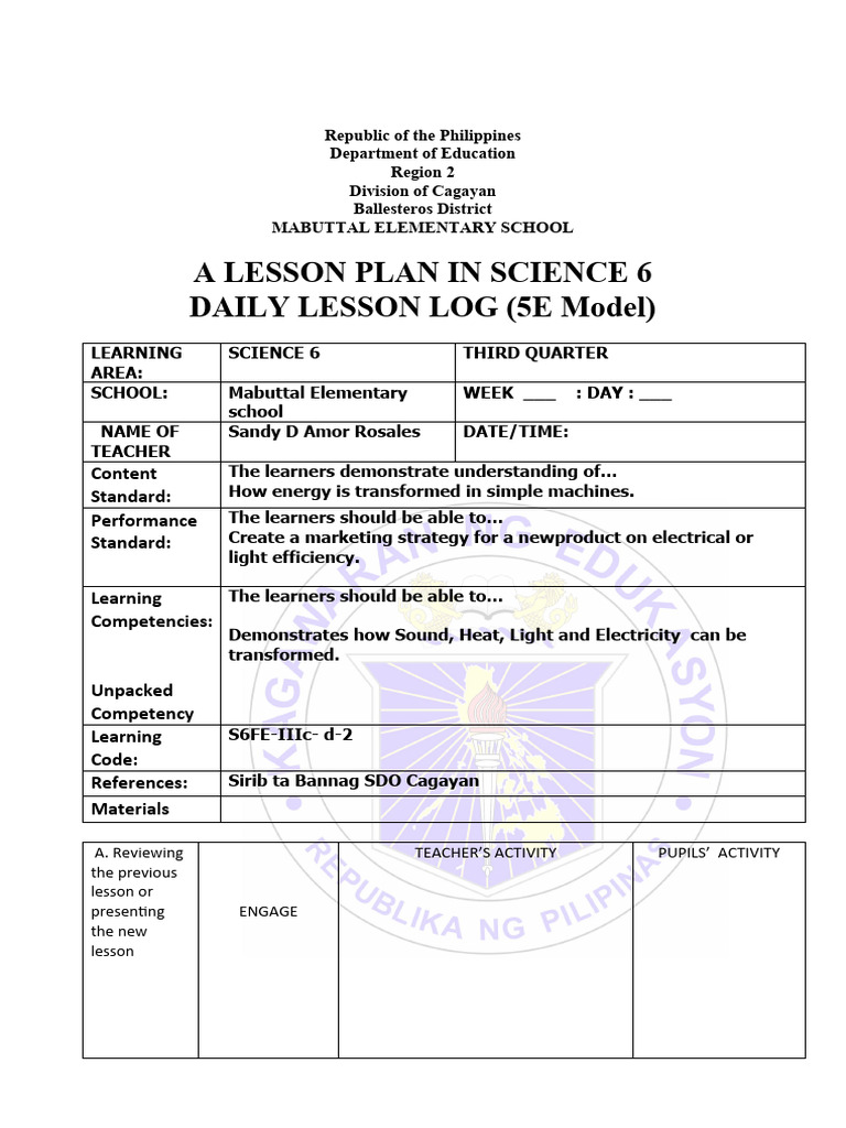 Science 6 Lesson Plan: Energy Transformation | PDF | Light | Ion