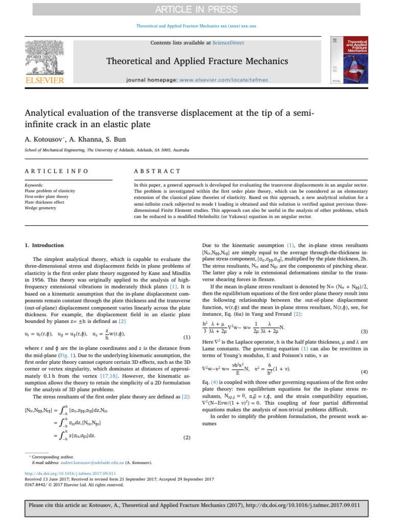 Theoretical and Applied Fracture Mechanics: A. Kotousov, A. Khanna, S ...