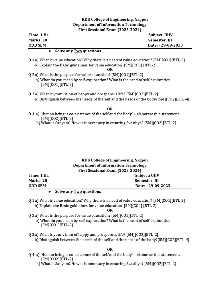 Uhv Sessional 1 Paper | PDF