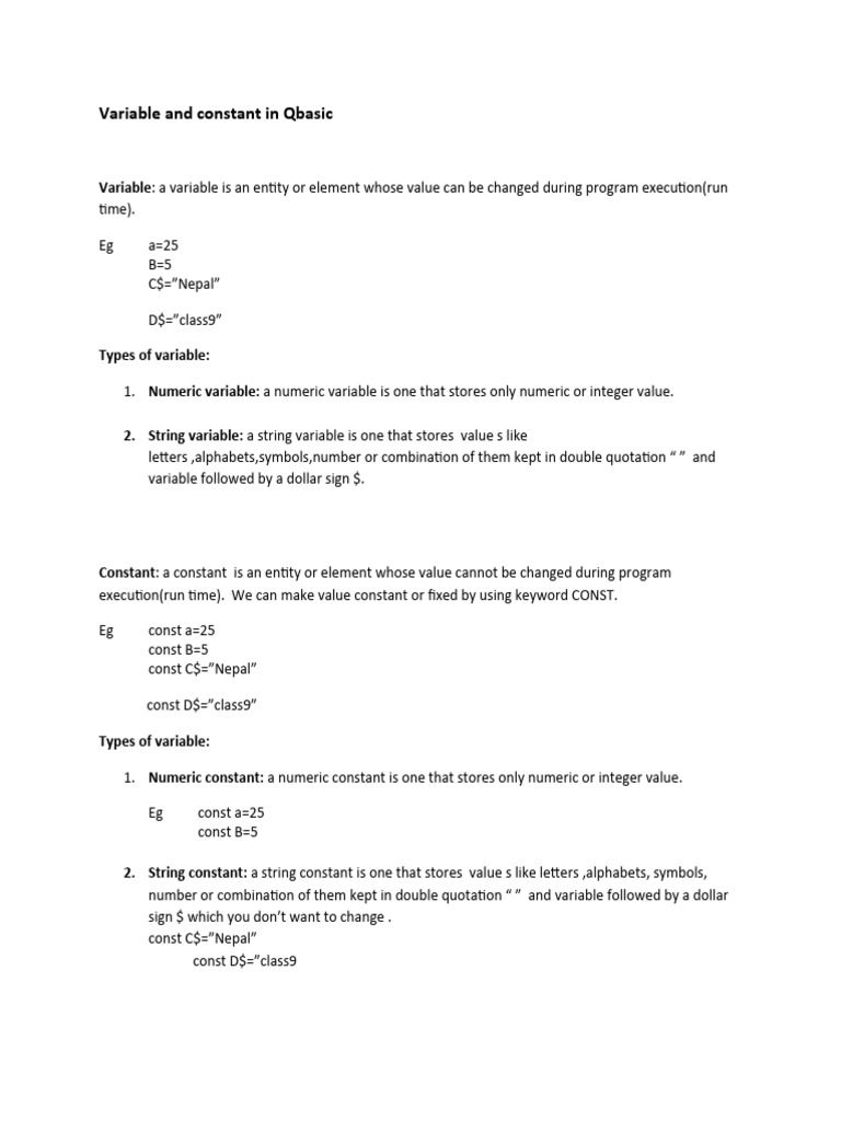Variable And Constant In Qbasic Pdf