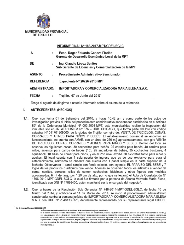 INFORME FINAL Procedimiento Administrativo Sancionador | PDF | Multa (pena) | Ciencias Políticas
