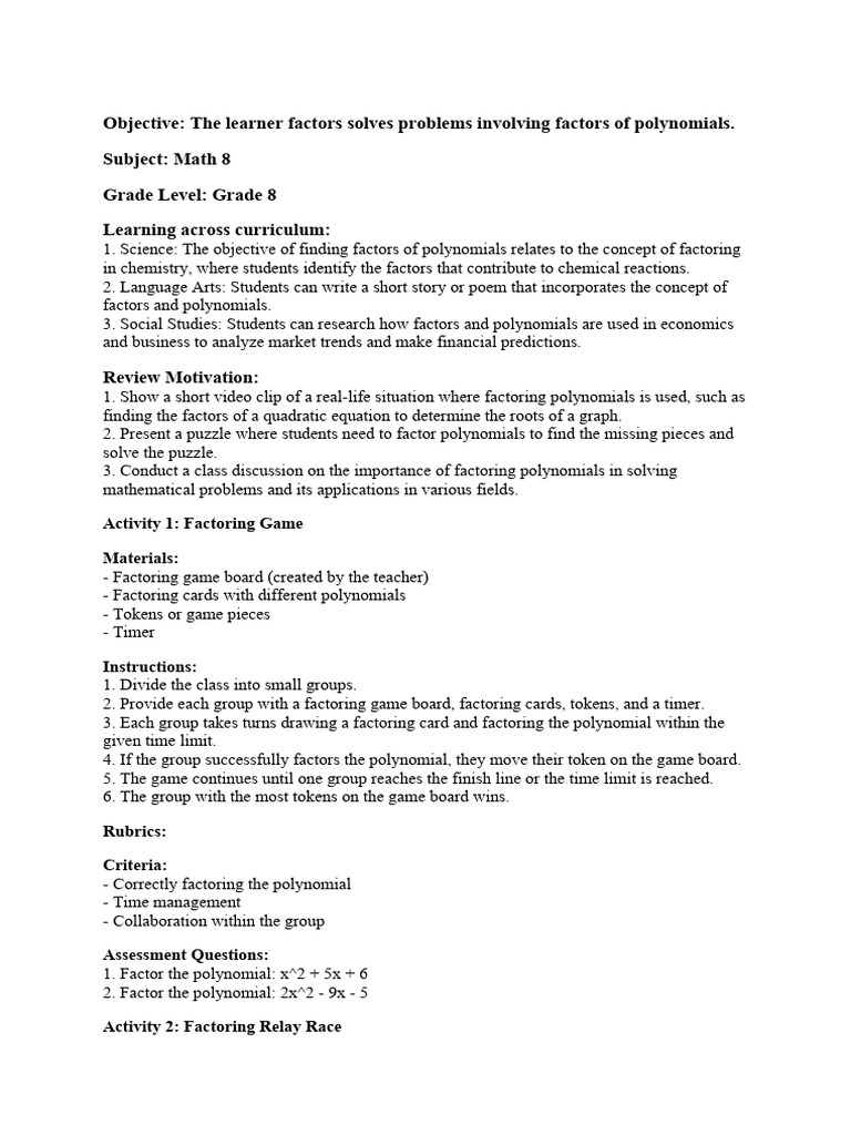 Semi Detailed Lesson Plan in Math 8 Factoring Polynomials Involving ...