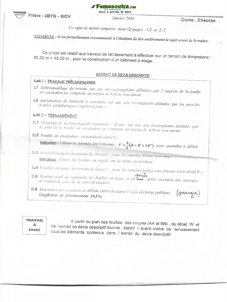 Genie-Civil-Option-Batiment Sujet Bts | PDF