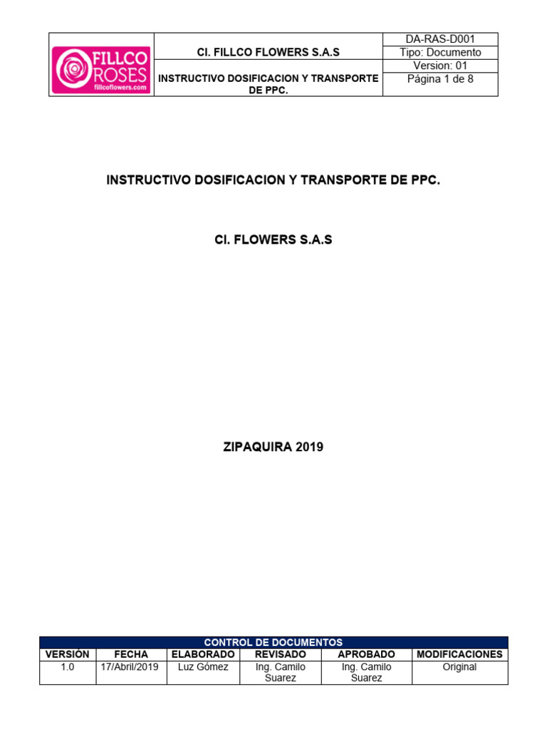 Instructivo Dosificacion y Transporte de Ppc. | PDF