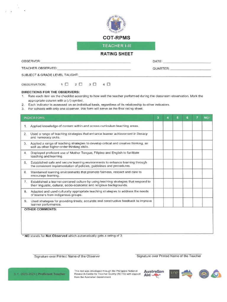 COT Rating Sheet 2023-2024 PDF | PDF