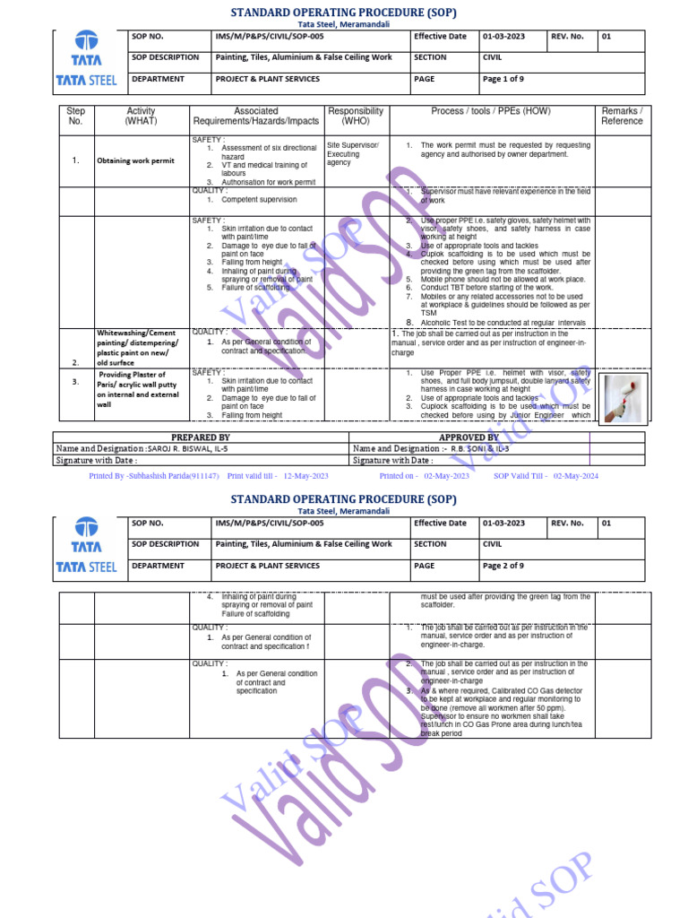 SOP-005-painting, Tiles, Aluminium, False ceiling | PDF