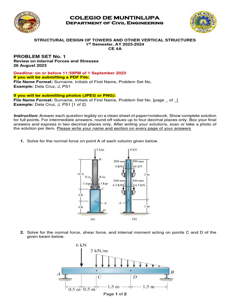 Structural Design Problem Set Ce 4a Pdf Teaching Methods