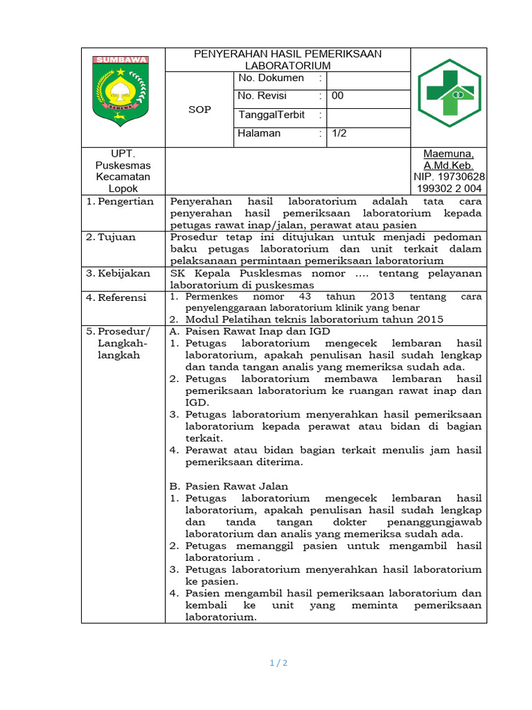 SOP Penyerahan Hasil Pemeriksaan Lab | PDF | Kesehatan Holistik | Sains & Matematika