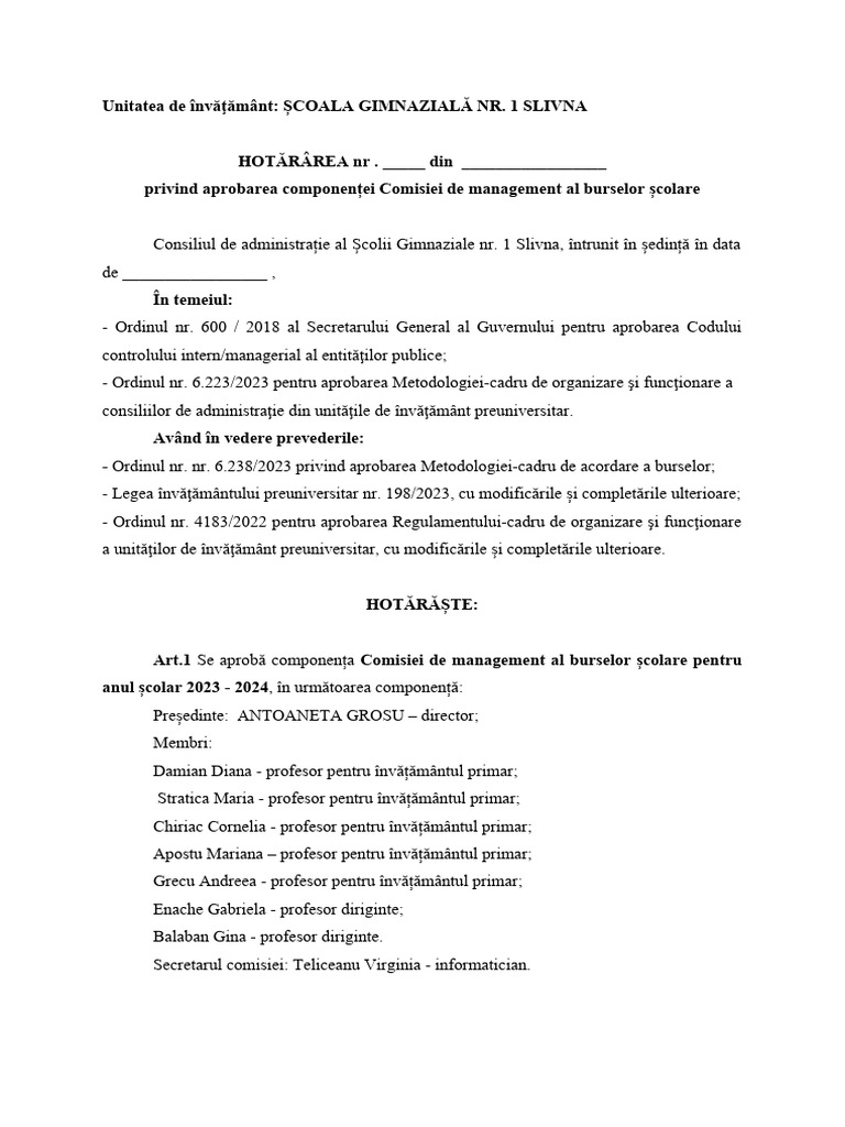 Anexa 1 - Hotarare CA Aprobare Comisie de Management Al Burselor ...