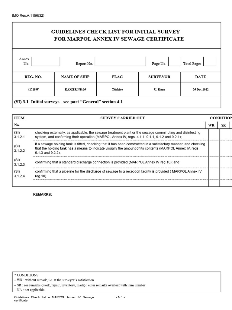 Guidelines Check List MARPOL ANNEX IV SEWAGE CERTIFICATE RA1156 | PDF