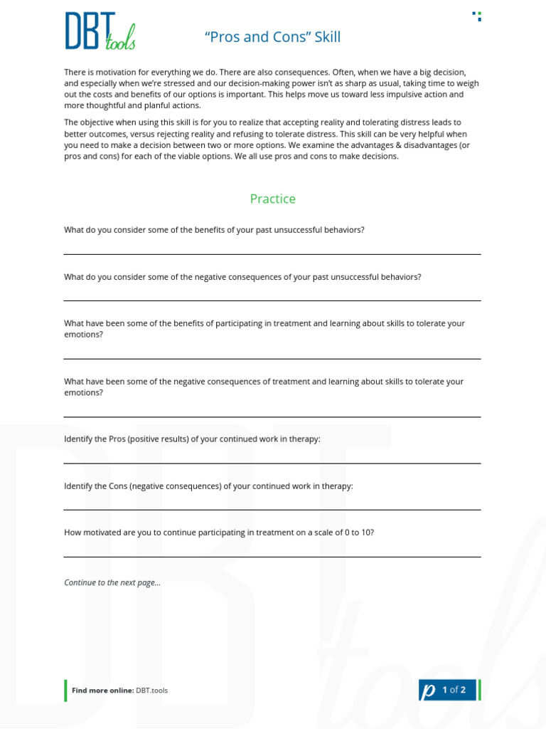 Distress Tolerance - Pros Cons | PDF | Decision Making | Emotions