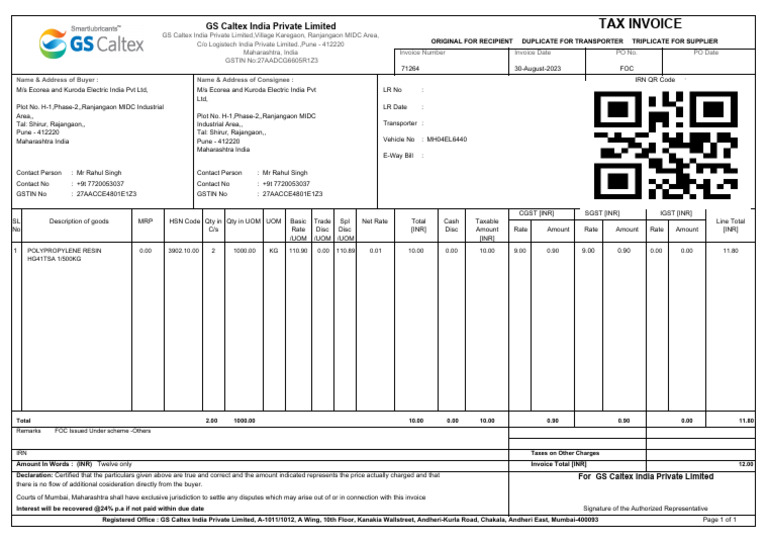 Ecorea FOC Invoice 30-08-2023 | PDF