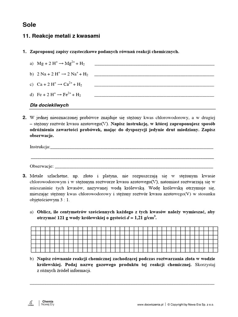 Zadania Reakcje Metali Z Kwasami | PDF