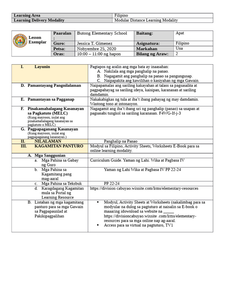 Panghalip Panao Lesson Plan | PDF